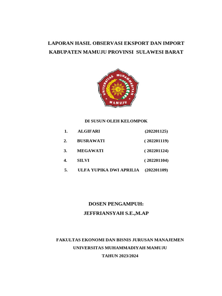 Laporan Hasil Observasi Eksport Dan Import Kabupaten Mamuju Provinsi Sulawesi Barat | PDF