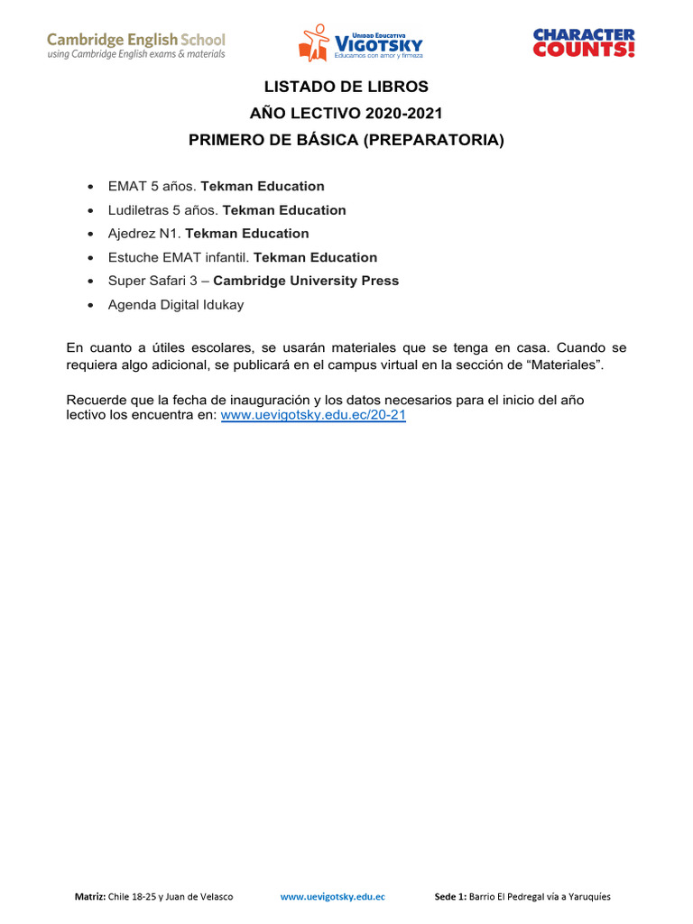 Lista de Libros 1ro de Básica 2020-2021 | PDF