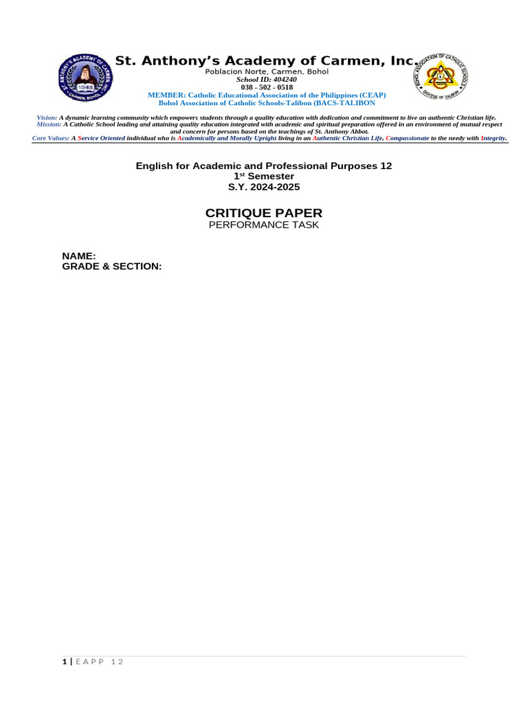 St. Anthony's Academy EAPP 12 Critique Paper | PDF