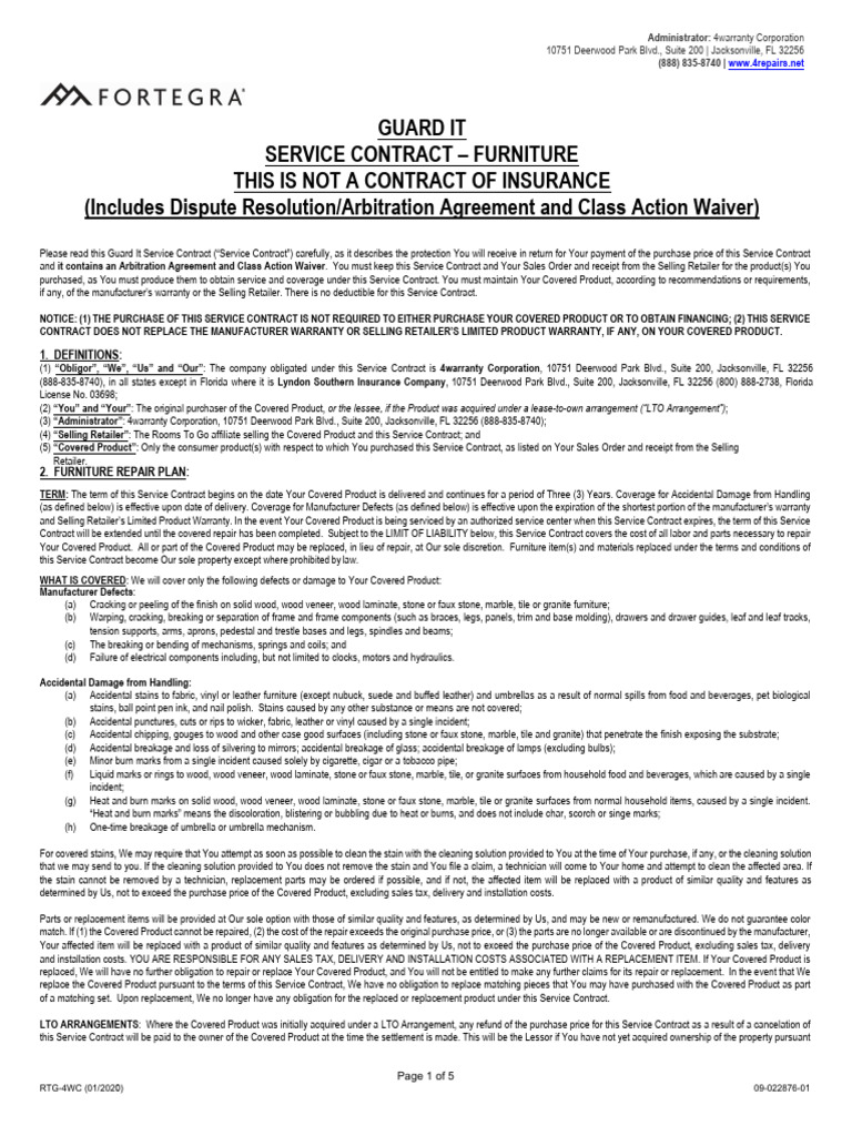 Fortegra Furniture Service Contract Guide | PDF | Arbitration | Class ...