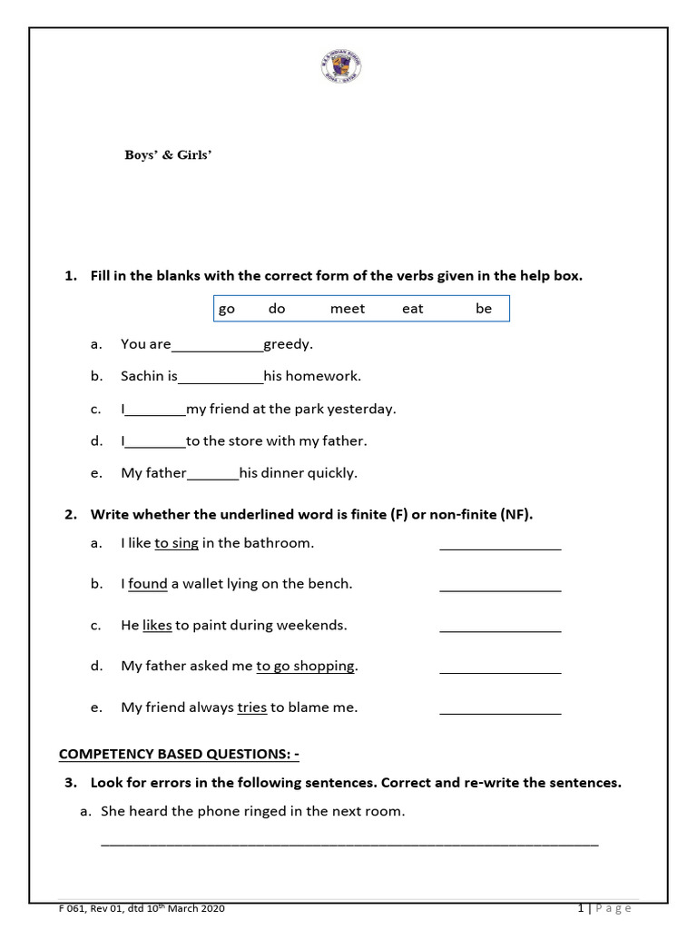 CL 7 Worksheet-3 - Forms of Verbs - Finite & Non-Finite | PDF ...