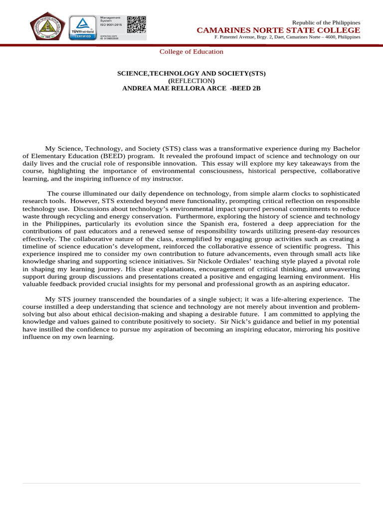 Sts Reflection Arce Andrea Mae R. | PDF | Science | Learning