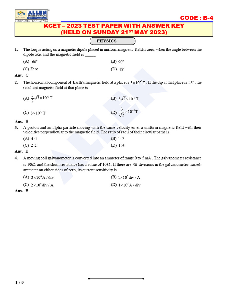 KCET 2023 PHYSICS Paper With Answer | PDF | Electronvolt | Radioactive Decay