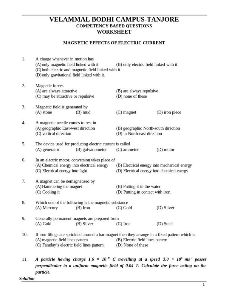 Worksheet 1 - Magnetic Effects | PDF | Electric Generator ...