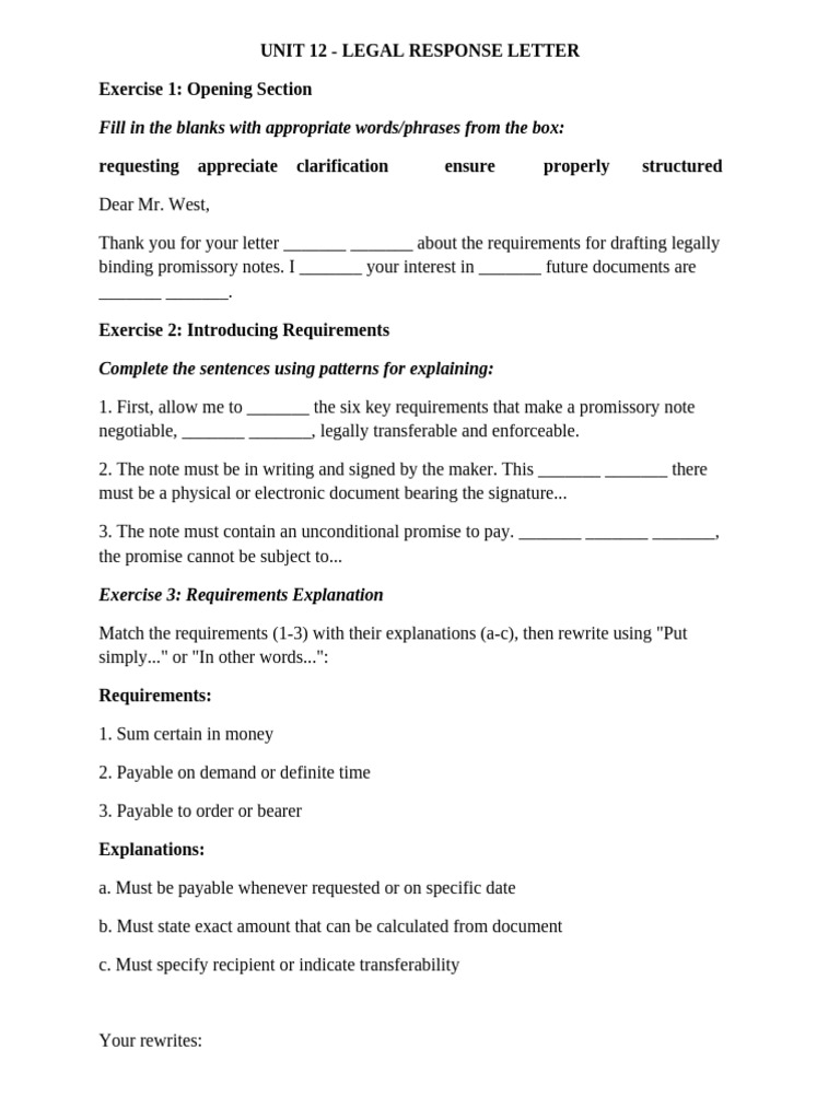 LEGAL RESPONSE LETTER - Exercise | PDF | Promissory Note | Interest
