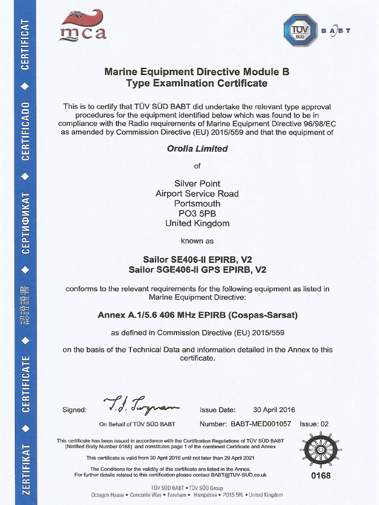 Sailor Se406 LL Epirb v2 Sge406 LL Gps Epirb v2 Type Examination ...