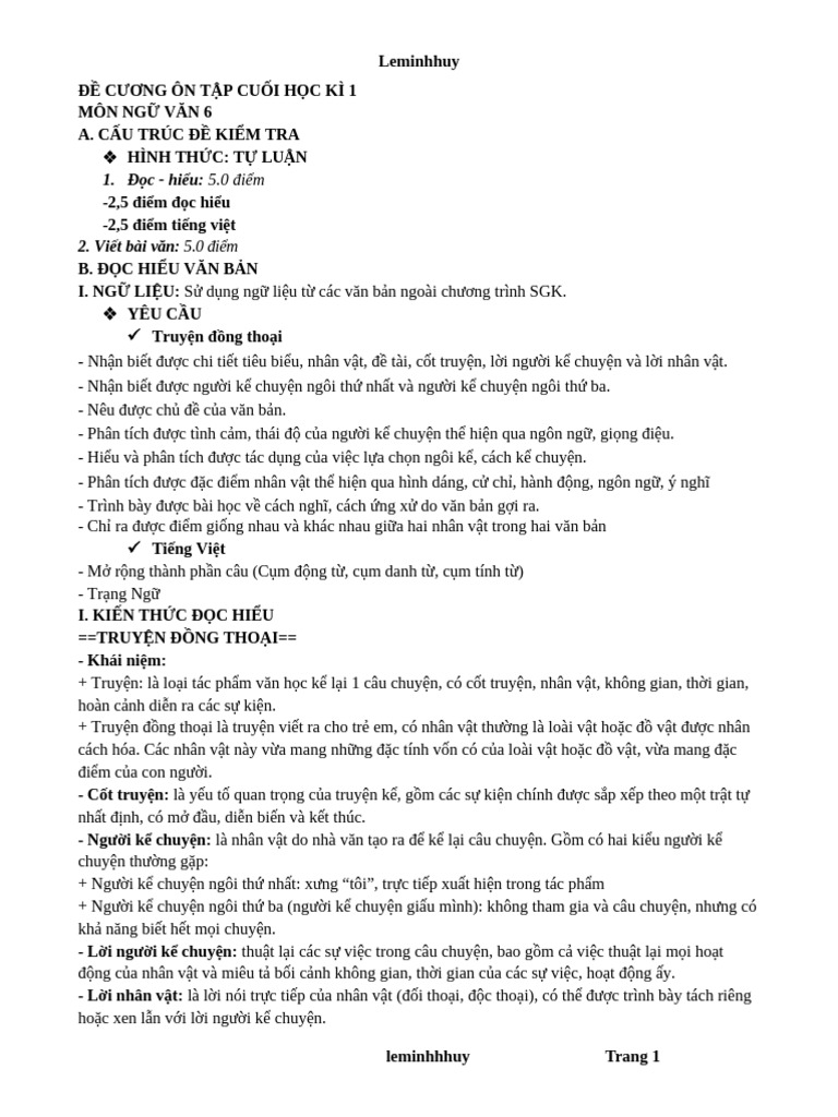 De Cuong On Tap HK1 Ngu Van 6 CTST 23 24 | PDF