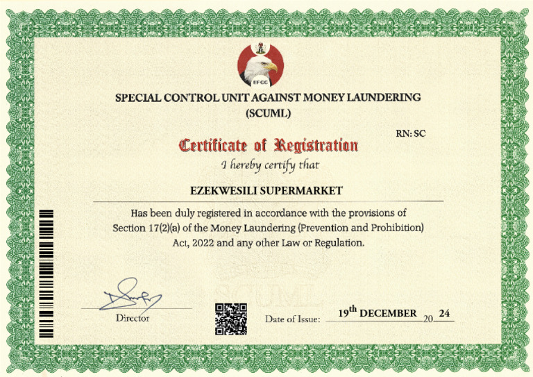 SCUML Certificate SC331302374 | PDF