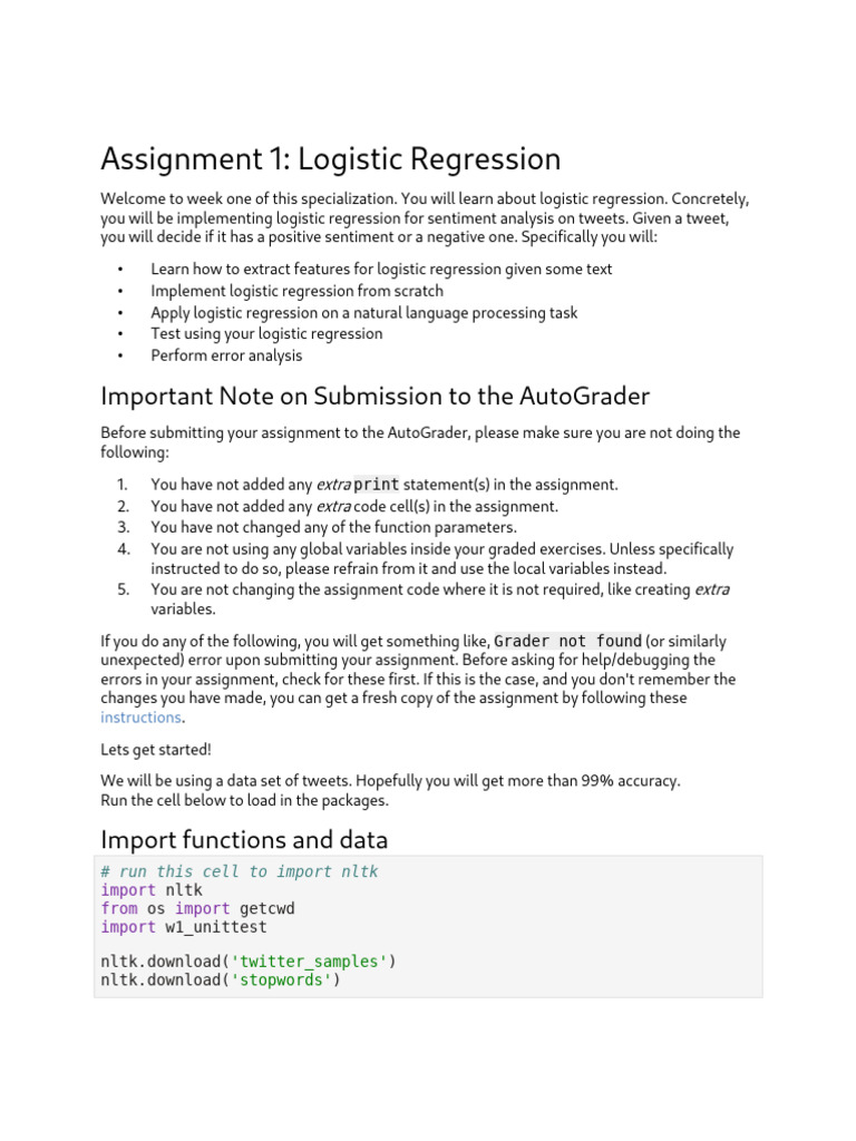 C1 W1 Assignment | PDF | Regression Analysis | Logistic Regression