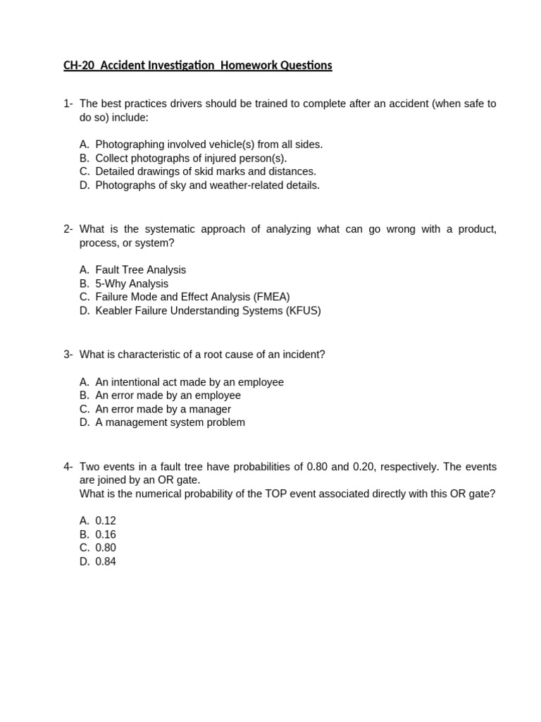 Ch-20 - Accident Investigation - Homework Questions | PDF | Safety