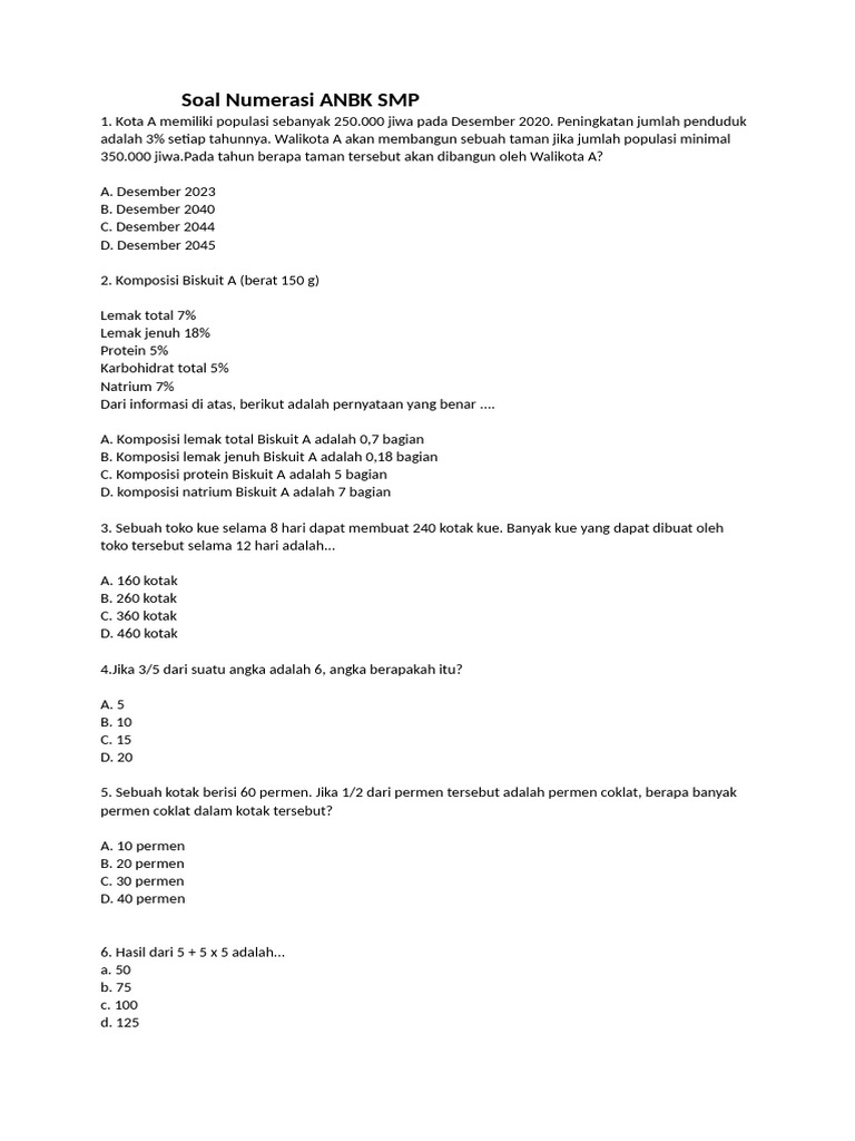 Soal Numerasi ANBK SM1 | PDF