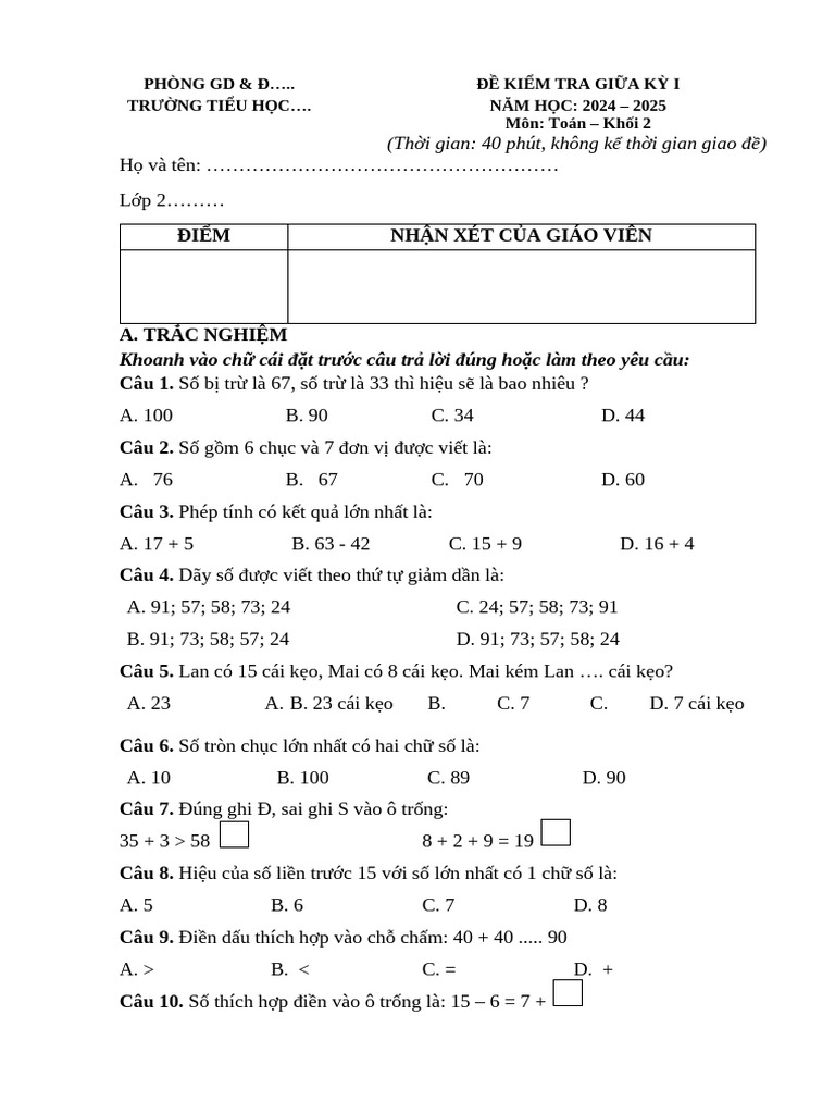 De Thi Giua Ki 1 Lop 2 Mon Toan Sach Ket Noi Tri Thuc de 3 | PDF