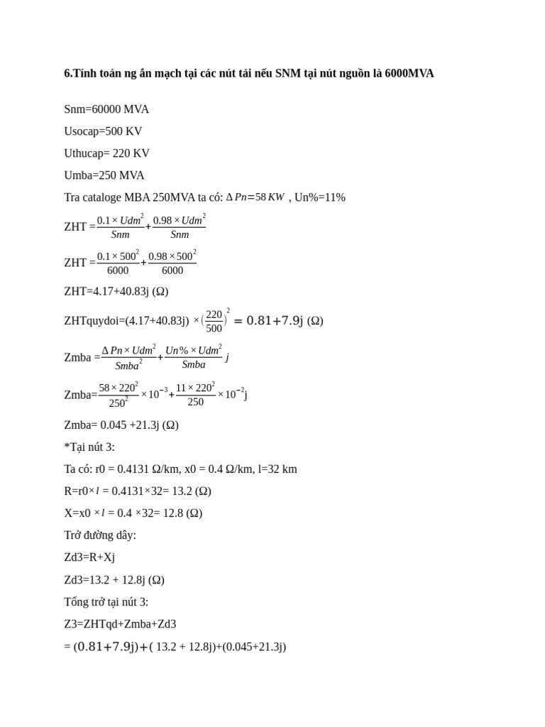 6.Tính toán ng ắn mạch tại các nút tải nếu SNM tại nút nguồn là 6000MVA | PDF