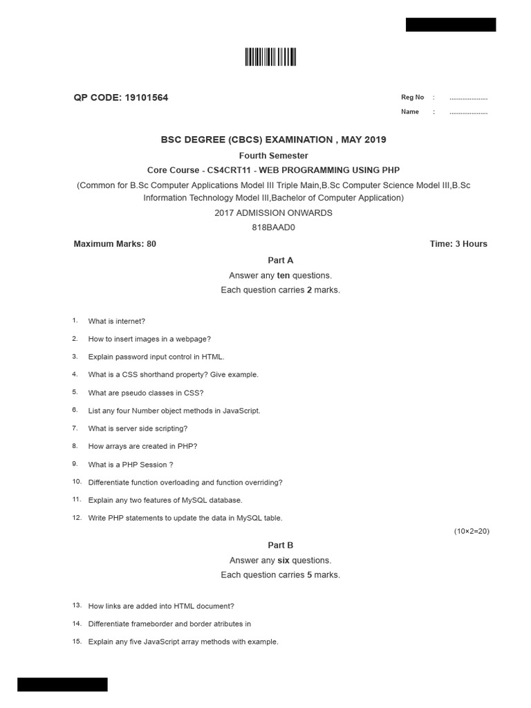 Bsc Bca 4 Sem Web Programming Using Php 19101564 May 2019 Pdf Php Java Script