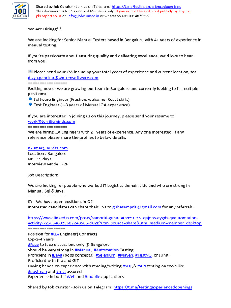 Bangalore QA Job Openings Summary | PDF | Selenium (Software) | Quality ...