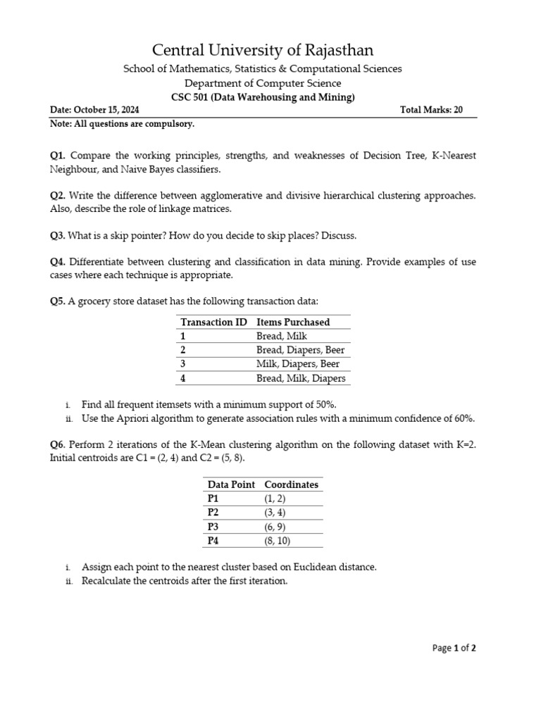 Data Mining & Warehousing Exam 2024 | PDF | Cluster Analysis | Data