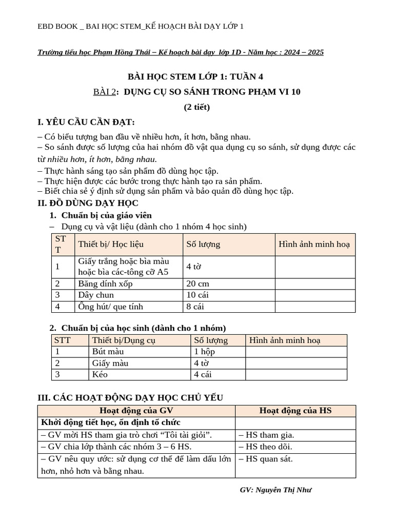 BHỌC STEM 1 - TUẦN 4 - Dụng cụ so sánh số trong phạm vi 10 - KHBD | PDF