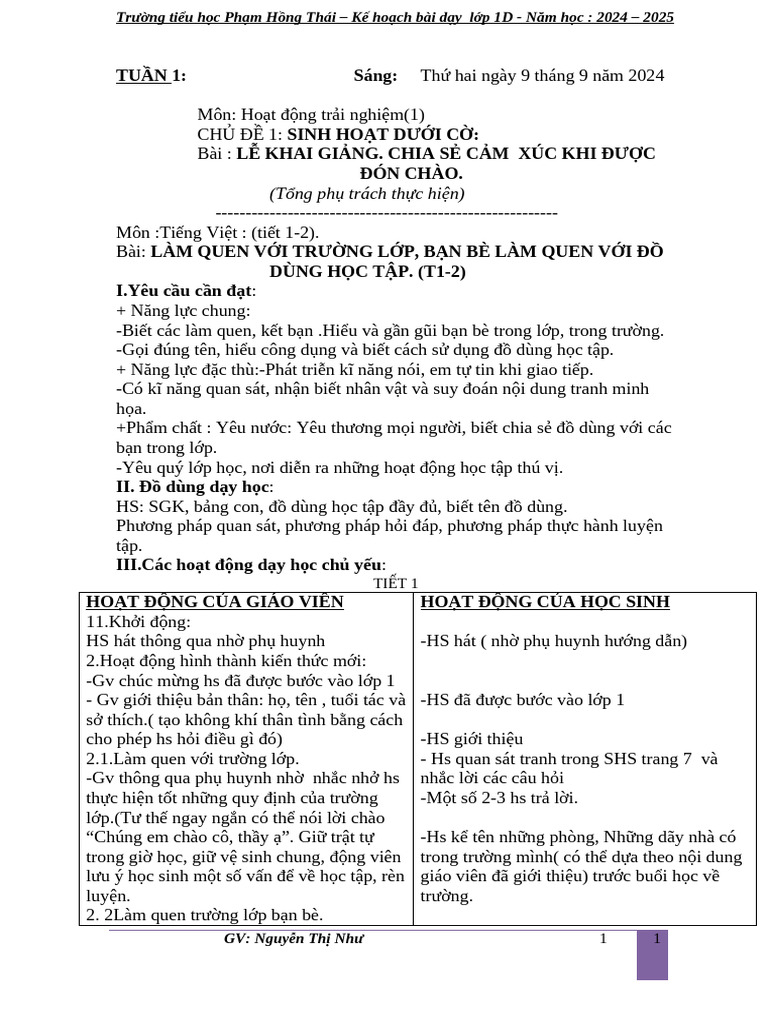 KHBD TUẦN 1 2024-2025 | PDF