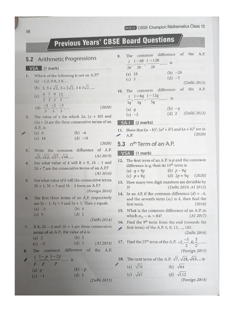 Arithmetic Progression Pyqs Class 10 Maths | PDF