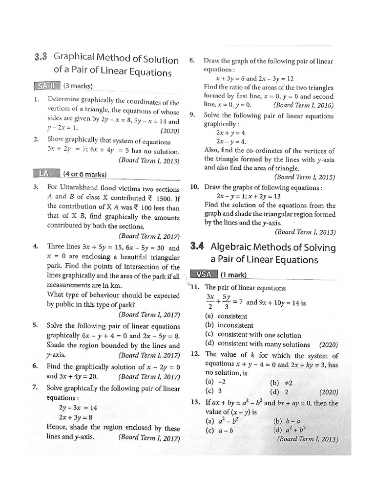 Linear Equations Pyqs Class 10 Maths | PDF