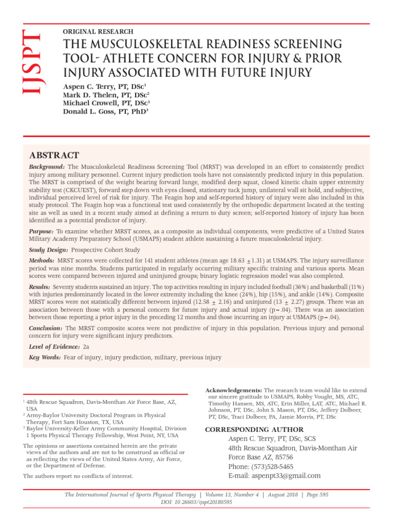 The Musculoskeletal Readiness Screening Tool - Athlete Concern For ...