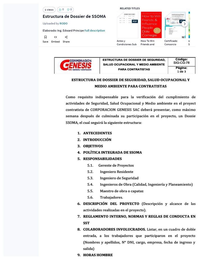 DOSSIER - Estructura del Dossier de SSOMA para Contratistas | PDF | Seguridad y salud ocupacional