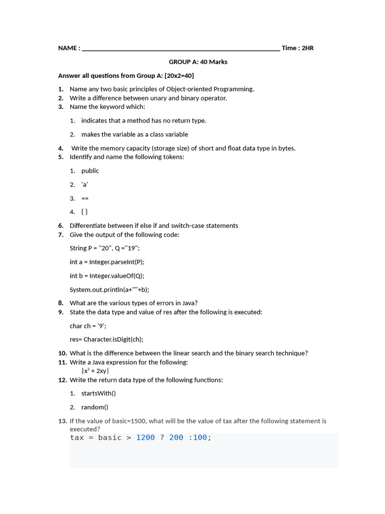 Java Programming Exam Questions | PDF | Integer (Computer Science) | Data Type