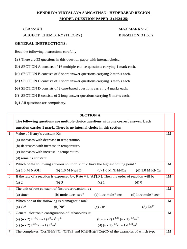 XII CHEM MQP 3 QP | PDF | Amine | Chemical Substances