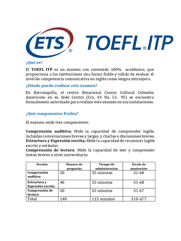 TOEFL ITP en Barranquilla: Guía Completa | PDF | Prueba de Inglés como Lengua Extranjera