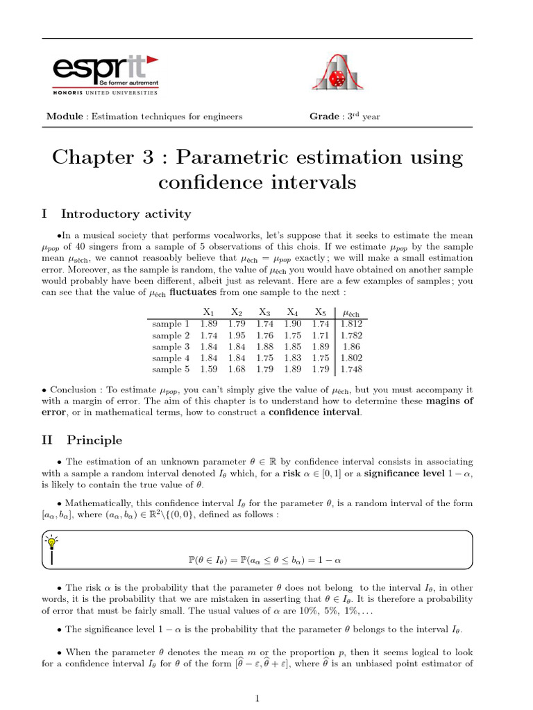 Chapter 3 - Parametric estimation using confidence intervals | PDF | Applied Statistics ...