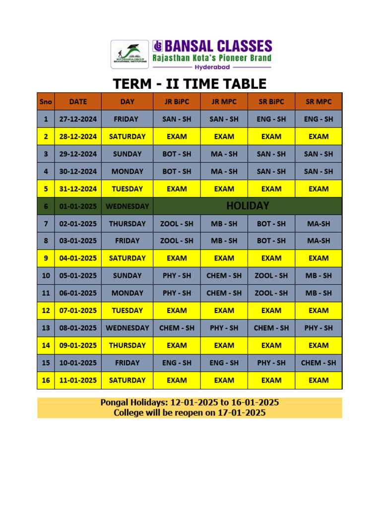 Term - Ii Time Table | PDF
