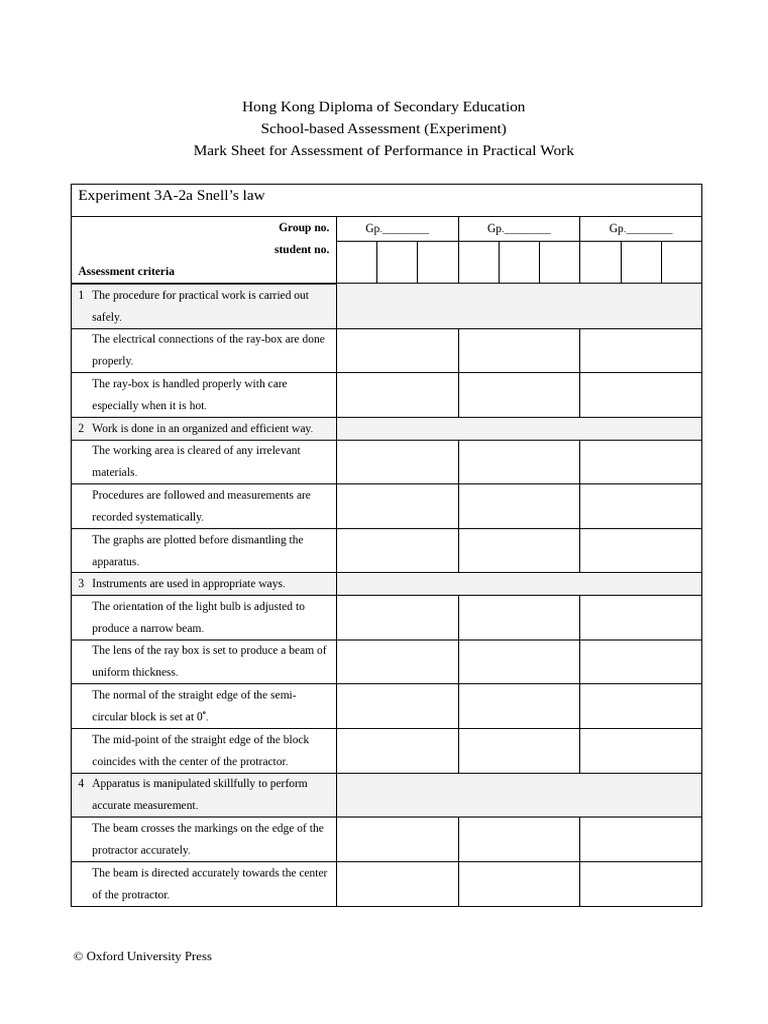 Snell's Law Practical Assessment Mark Sheet | PDF