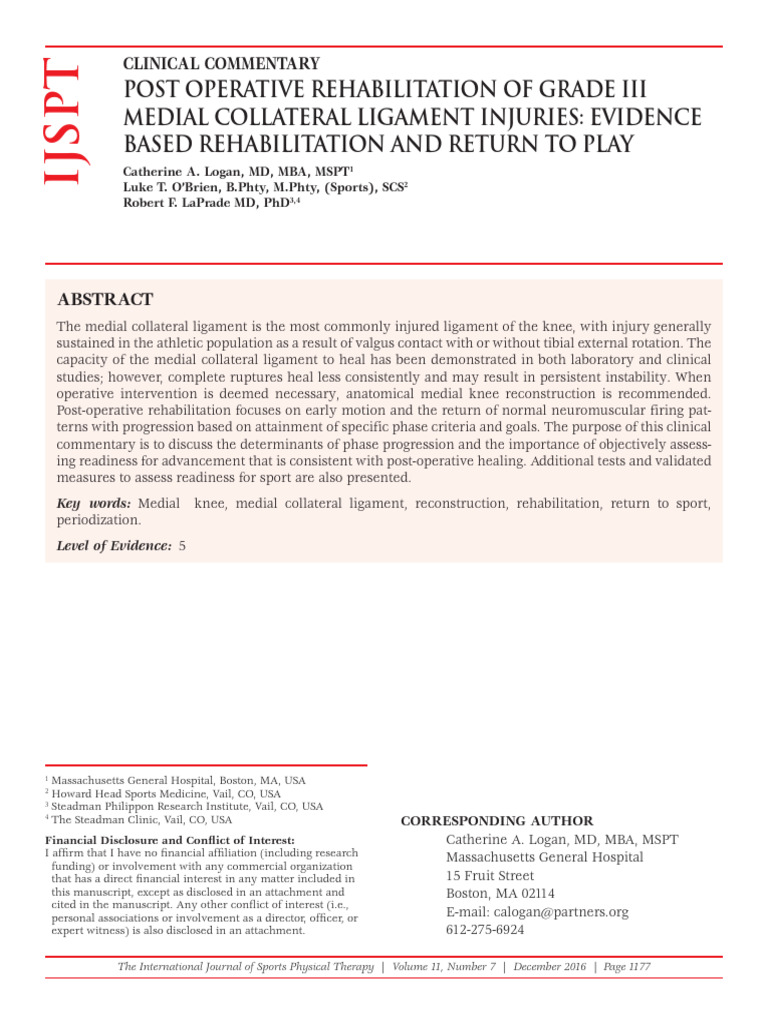 POST OPERATIVE REHABILITATION OF GRADE III MEDIAL COLLATERAL LIGAMENT ... POST OPERATIVE REHABILITATION OF GRADE III MEDIAL COLLATERAL LIGAMENT ...