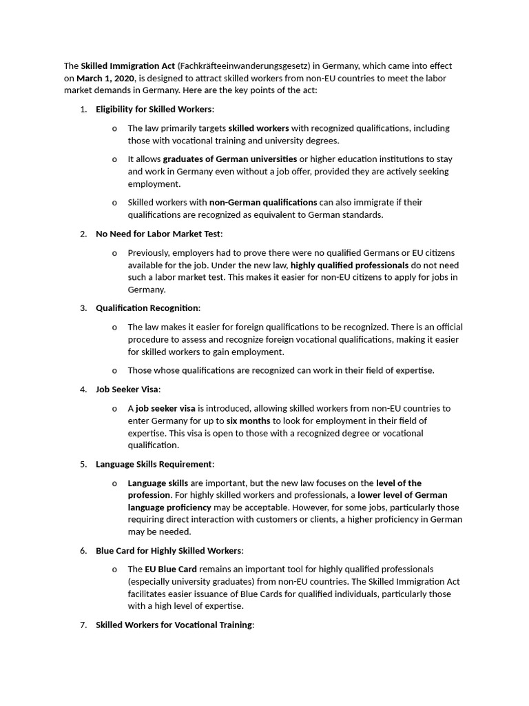 Germany's Skilled Immigration Act Overview | PDF | Travel Visa ...