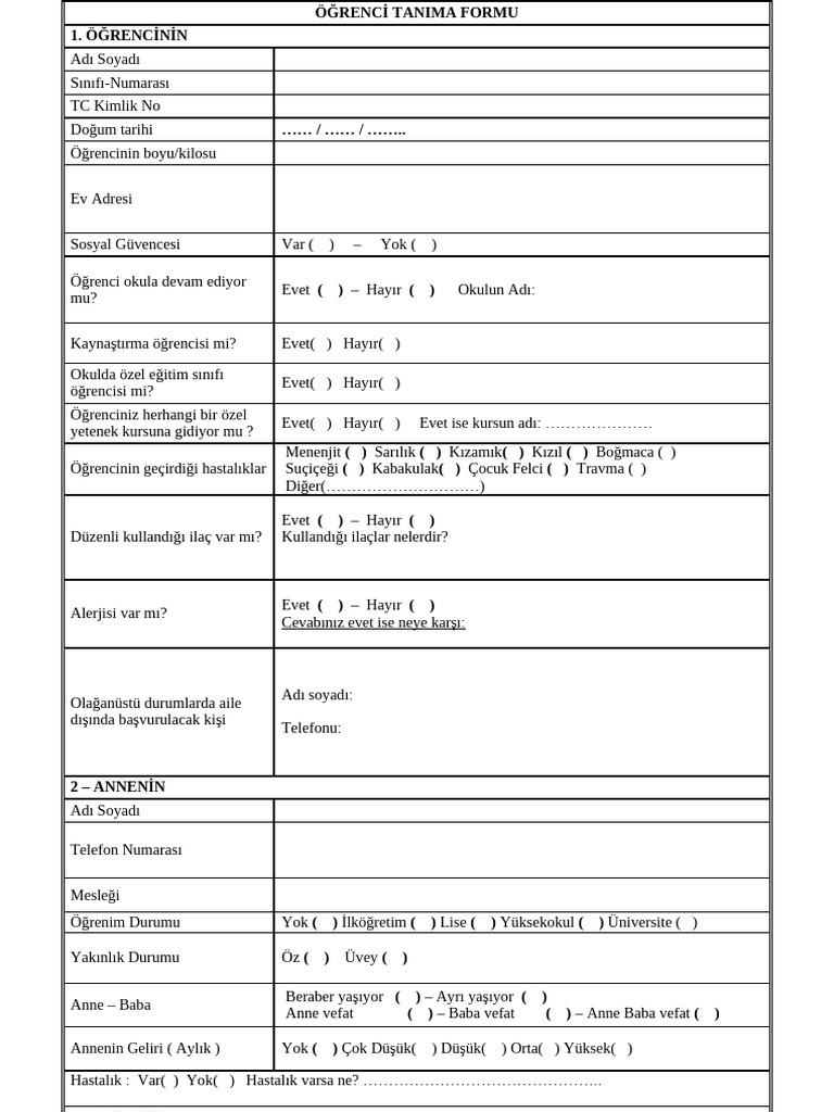 Öğrenci̇ Tanima Formu | PDF