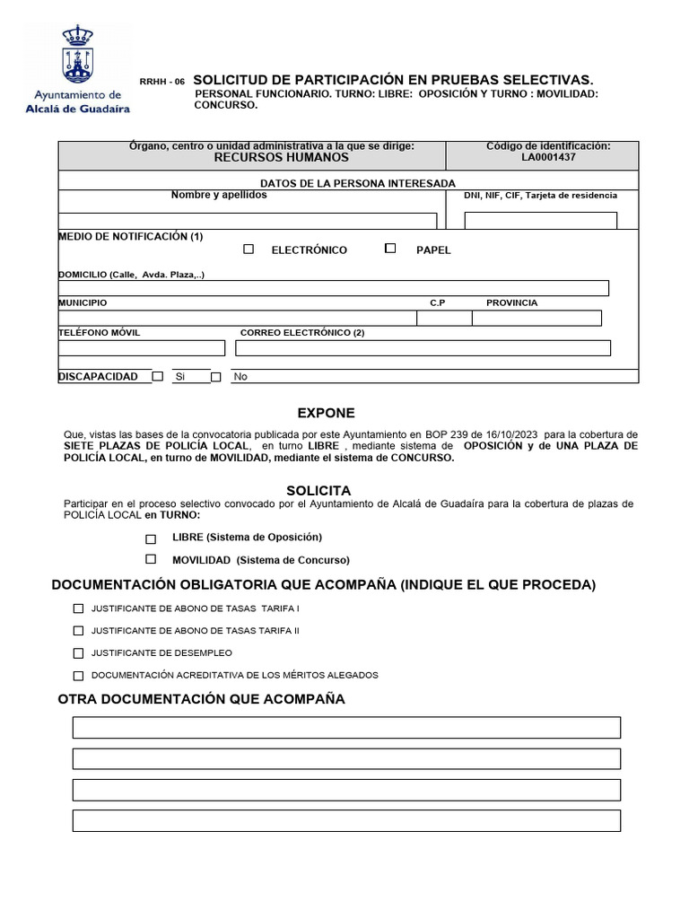 Solicitud Participación en pruebas Selectivas | PDF | Documento de identidad