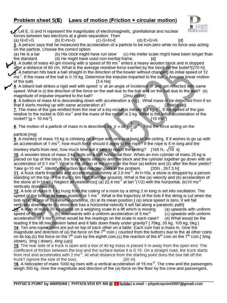 Problem Sheet 5 Laws of Motion | PDF | Force | Mass