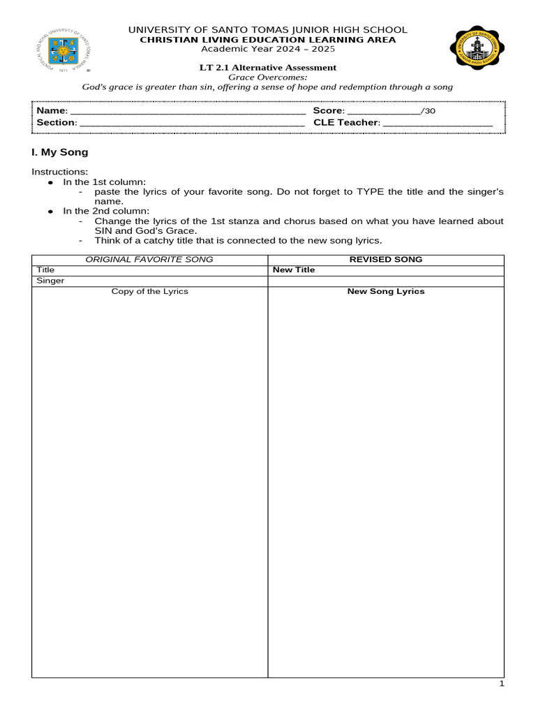 MY SONG LT2.1 Alternative Assessment Template | PDF | Forgiveness ...