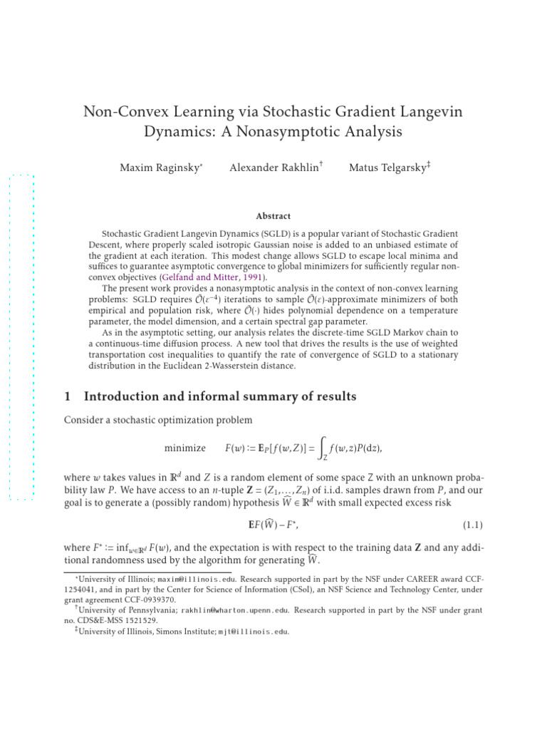 Non-Convex Learning via Stochastic Gradient Langevin Dynamics a Nonasymptotic Analysis | PDF ...