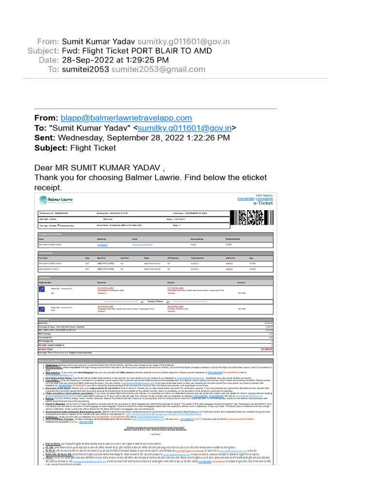 FWD Flight Ticket PORT BLAIR TO AMD | PDF