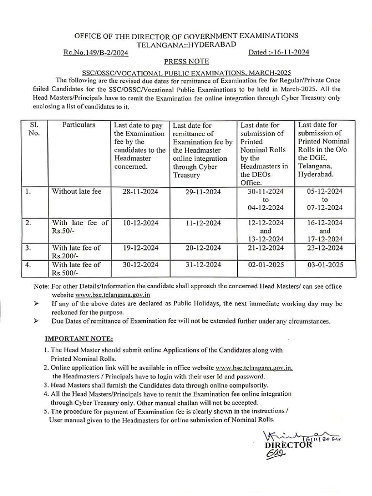 TS SSC Revised Duedates | PDF