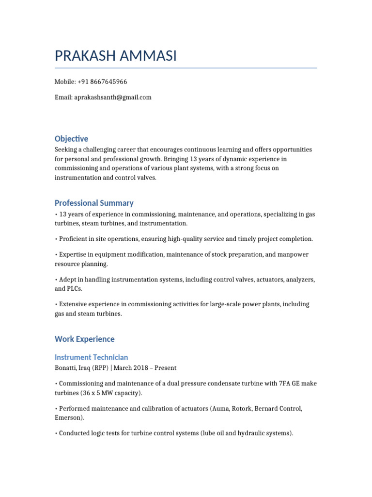 Prakash_Ammasi_Instrument_Technician_Resume | PDF | Instrumentation ... Prakash_Ammasi_Instrument_Technician_Resume | PDF | Instrumentation ...