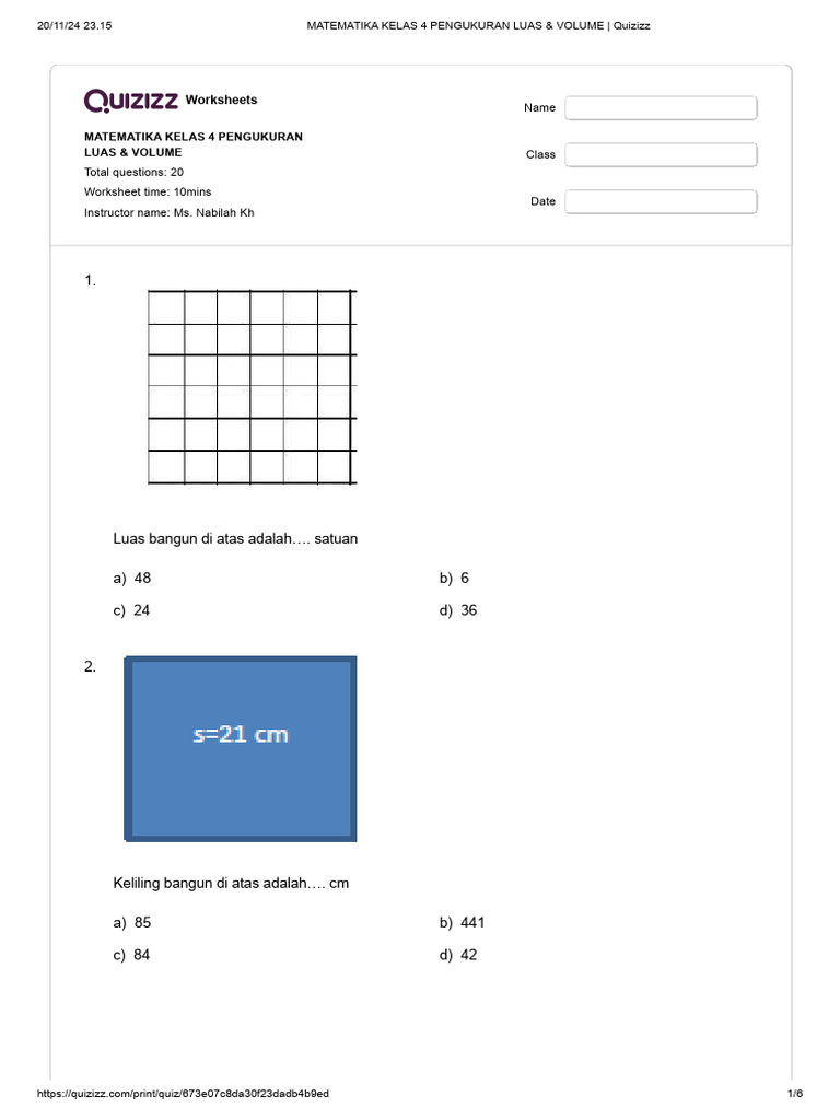 MATEMATIKA KELAS 4 PENGUKURAN LUAS & VOLUME - Quizizz | PDF