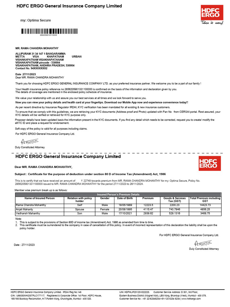 HDFC Health Insurance Policy Details | PDF | Insurance | Deductible