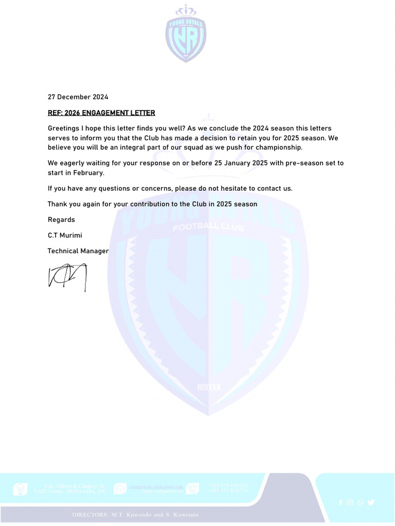 Young Royals 2025 Engagement Letter | PDF