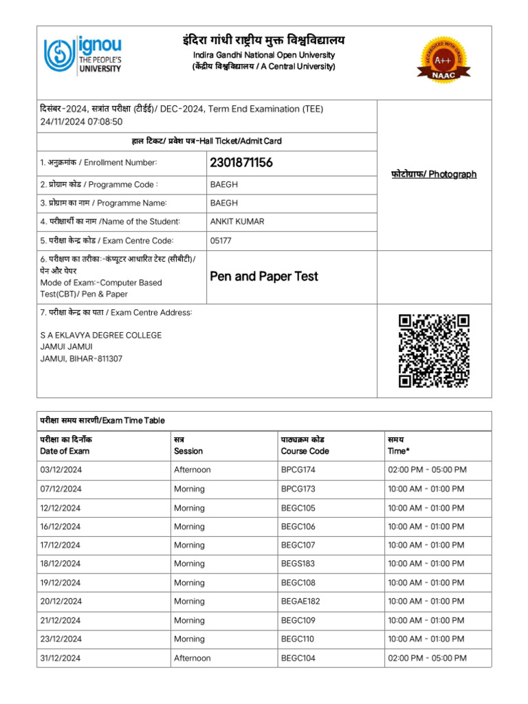 Ankit Hall Ticket | PDF