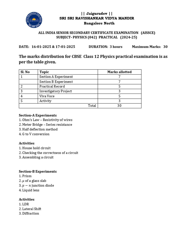 12th Physics Practical Questions 2024-25 | PDF | Electrical Resistance And Conductance | P–N ...