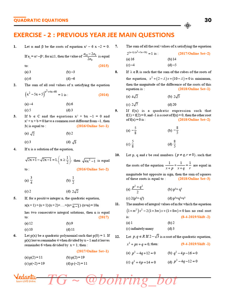 JEE Mains PYQs Maths 2015-21 | PDF | Quadratic Equation | Equations