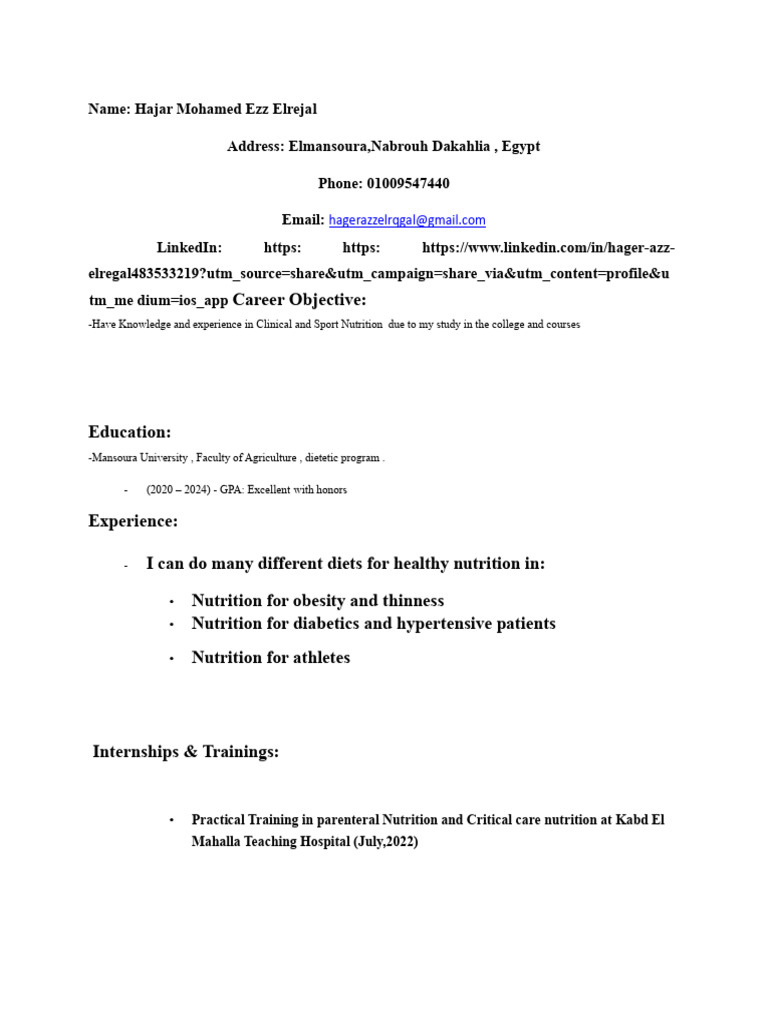 Hajar Mohamed Ezz Elrjal C.V | PDF