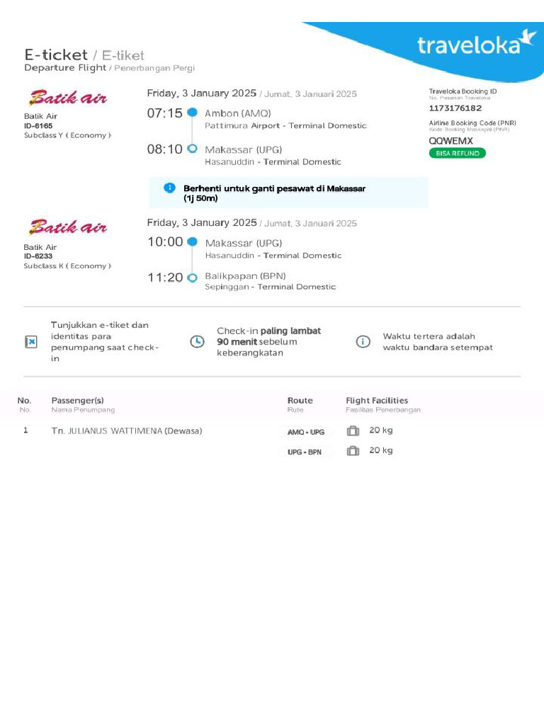 (Traveloka) E-Ticket Julianus Wattimena | PDF